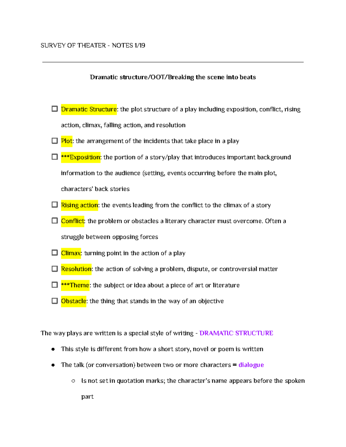 Dramatic structure notes - SURVEY OF THEATER - NOTES 1/ Dramatic ...