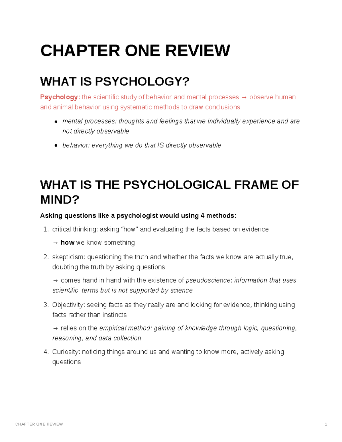 PSY100Y5 Chapter 1 complete textbook notes - CHAPTER ONE REVIEW WHAT IS ...