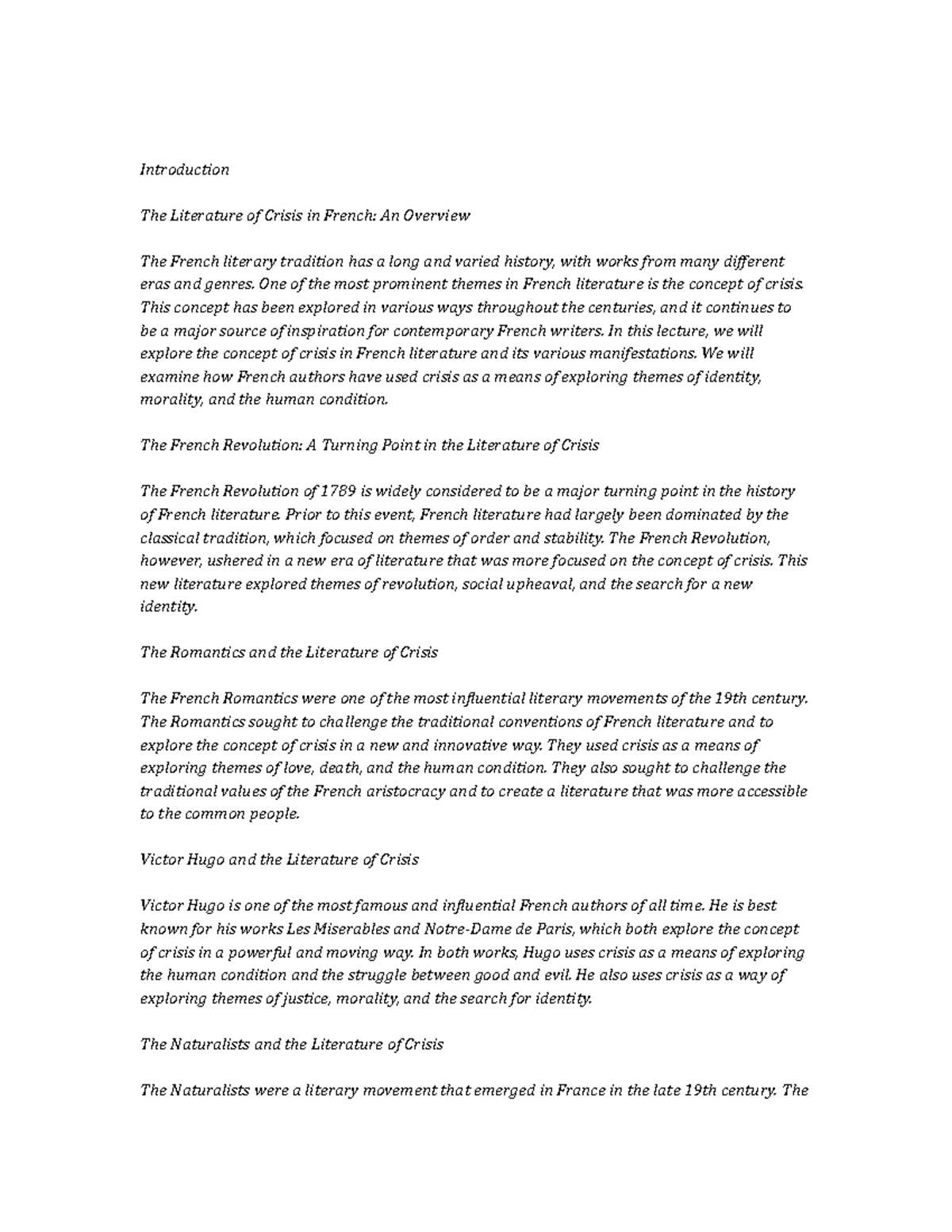 The Literature of Crisis Notes de cours - Introduction The Literature ...