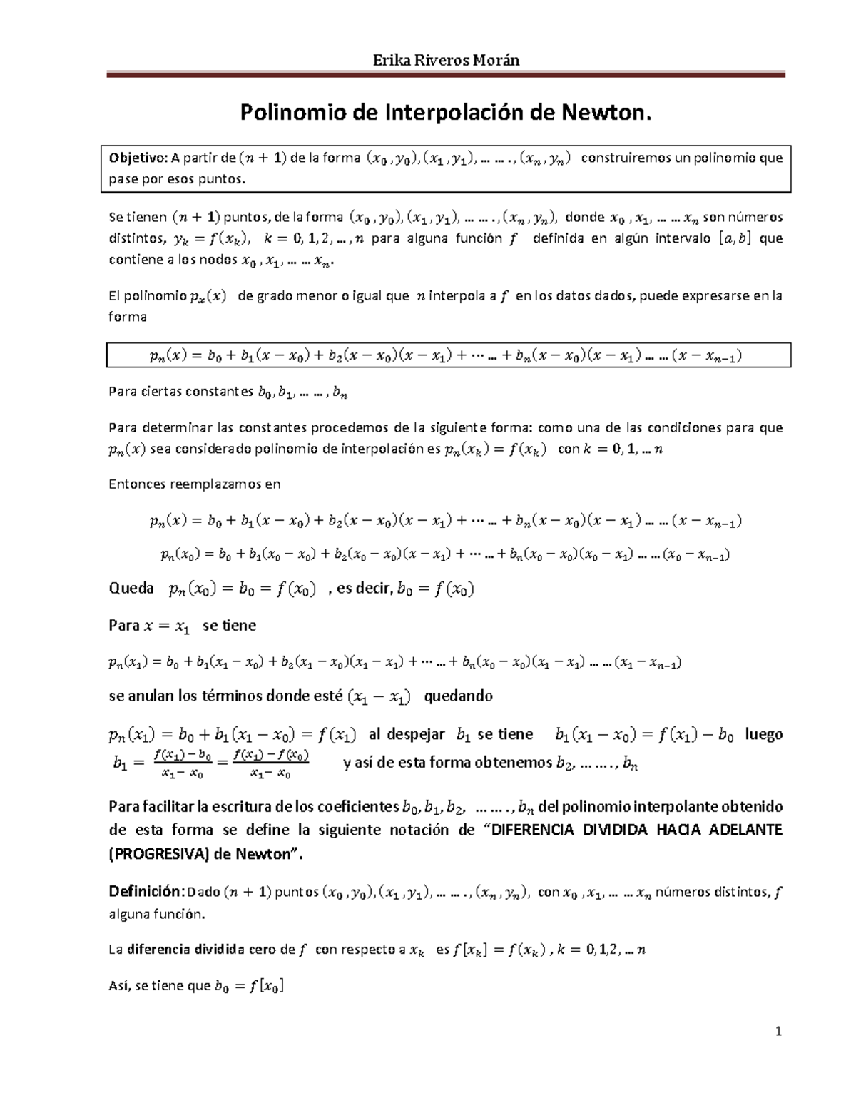 Polinomio Interpolaci n de Newton Materia - Polinomio de Interpolación de Newton. Objetivo: A ...