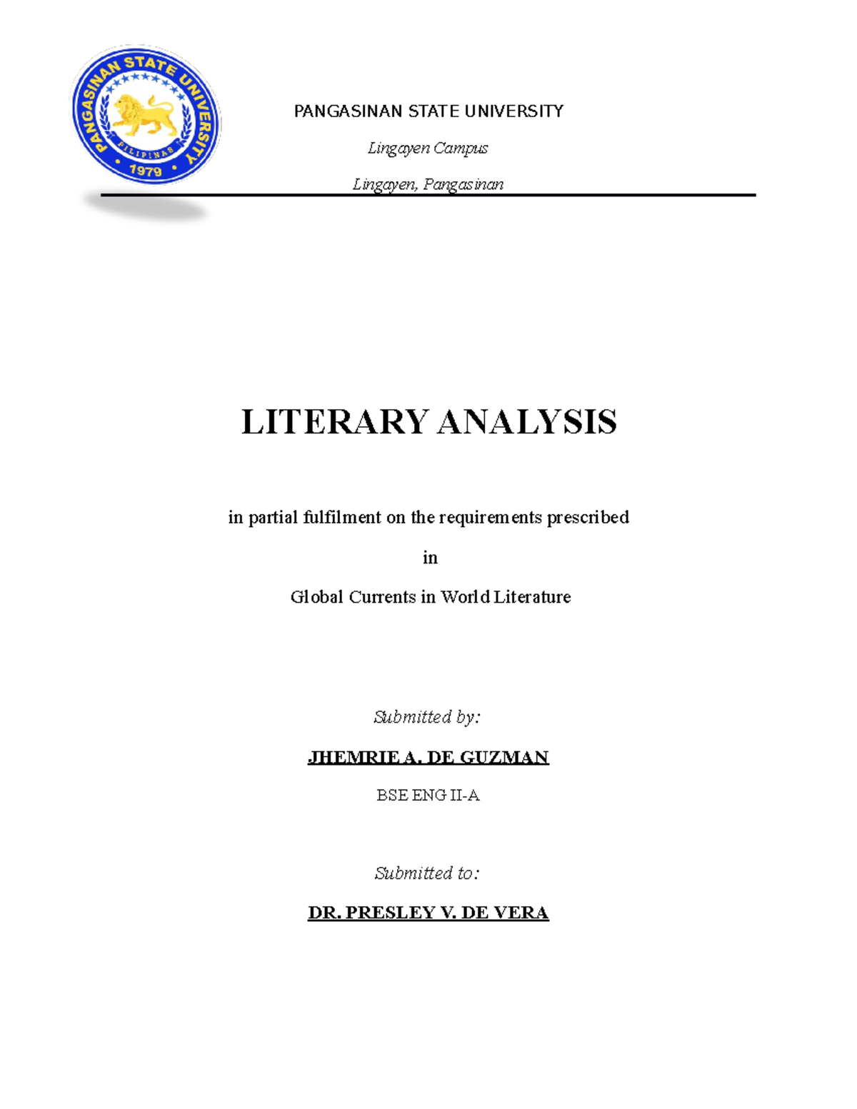De Guzman Jhemrie A-Lit2 Literary Analysis - BS. education - PangSU ...
