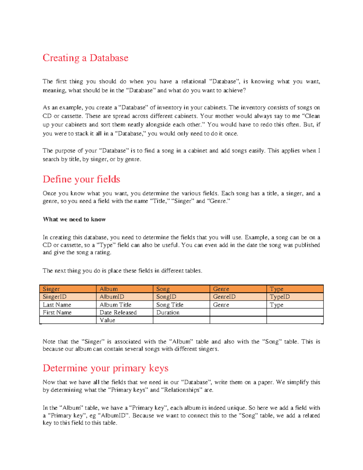 Creating a Database - The inventory consists of songs on CD or cassette ...