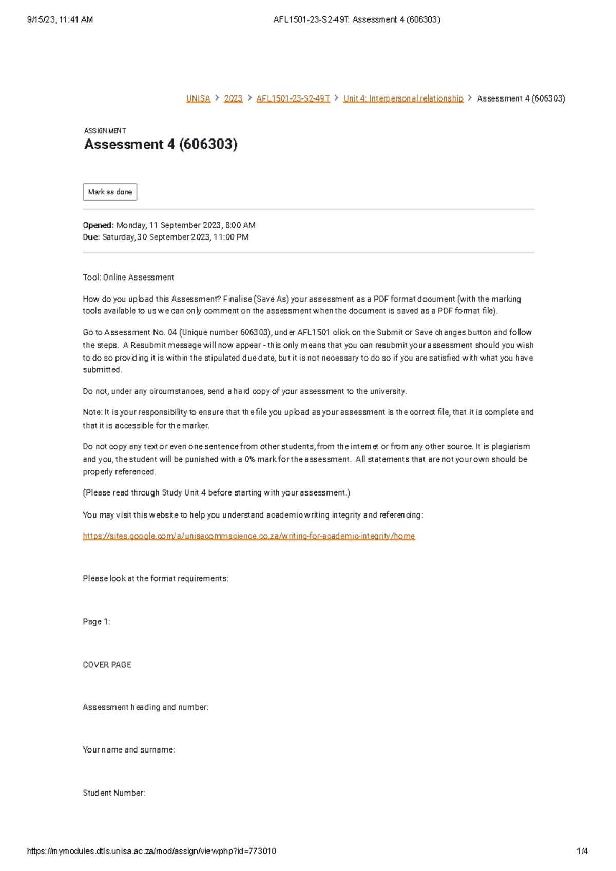 AFL1501-23-S2-49T Assessment 4 (606303) - UNISA 2023 AFL1501-23-S2-49T ...