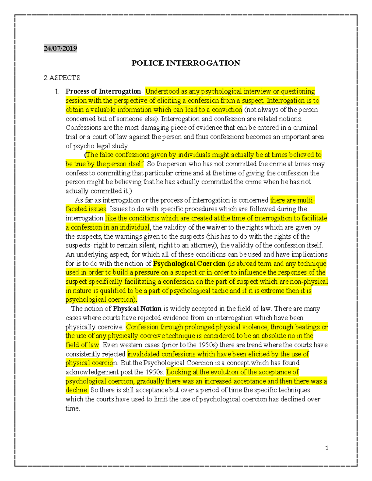 Psycho Unit 1 edited - notes - 24/07/ POLICE INTERROGATION 2 ASPECTS ...