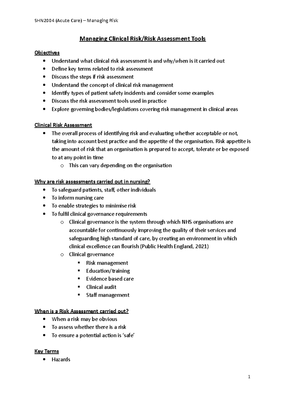 Managing Patient Risk - Managing Clinical Risk/Risk Assessment Tools ...