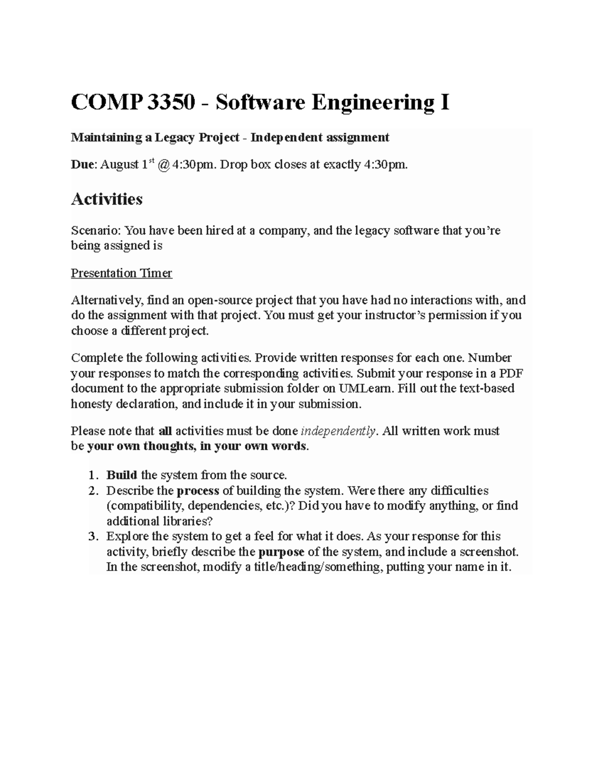 Individual Assignment - COMP 3350 - Software Engineering I Maintaining a Legacy Project - - Studocu