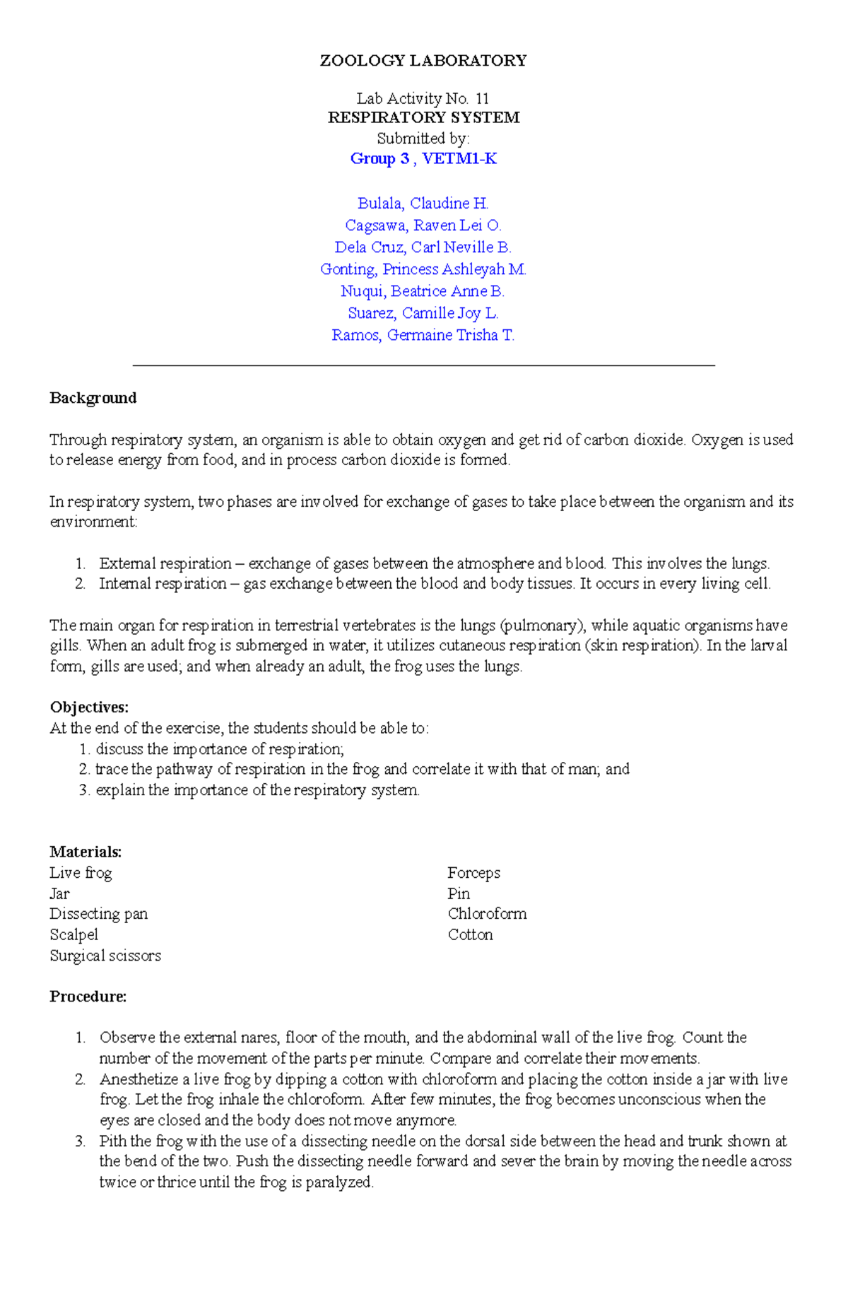 Lab Activity 11 Respiratory System - ZOOLOGY LABORATORY Lab Activity No ...