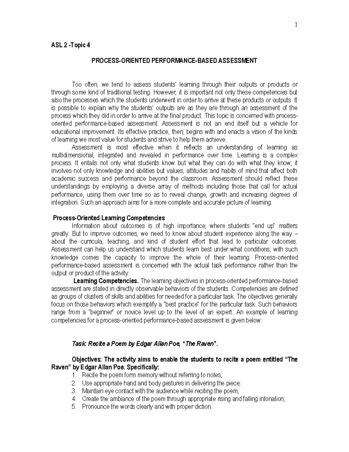 Lesson 4 Process Oriented Performance Based Assessment - ASL 2 -Topic 4 ...