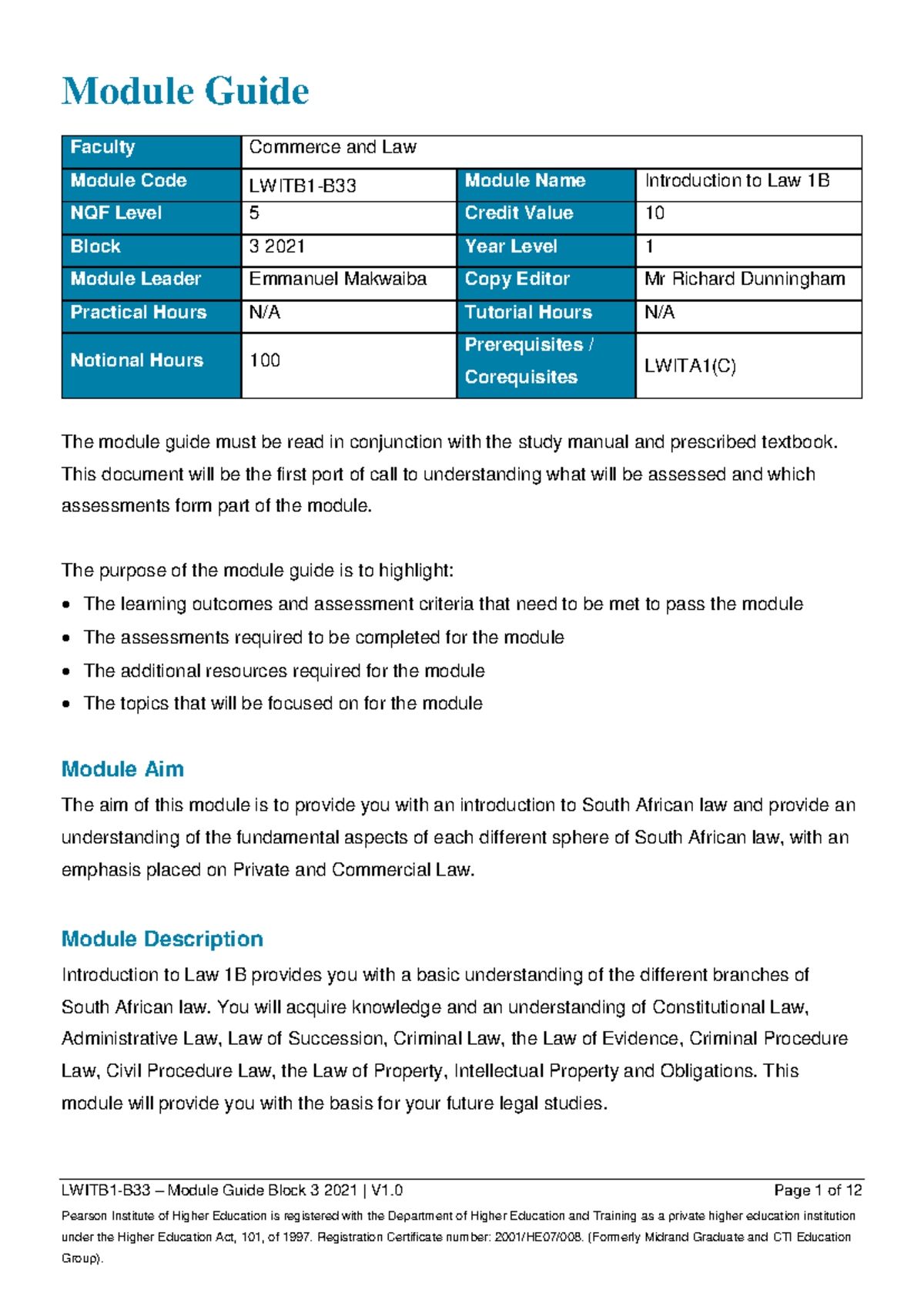 Lwitb 1-B33 (Intro to Law 1B) Module Guide B3 2021 (V1 - LWITB1-B 33 ...