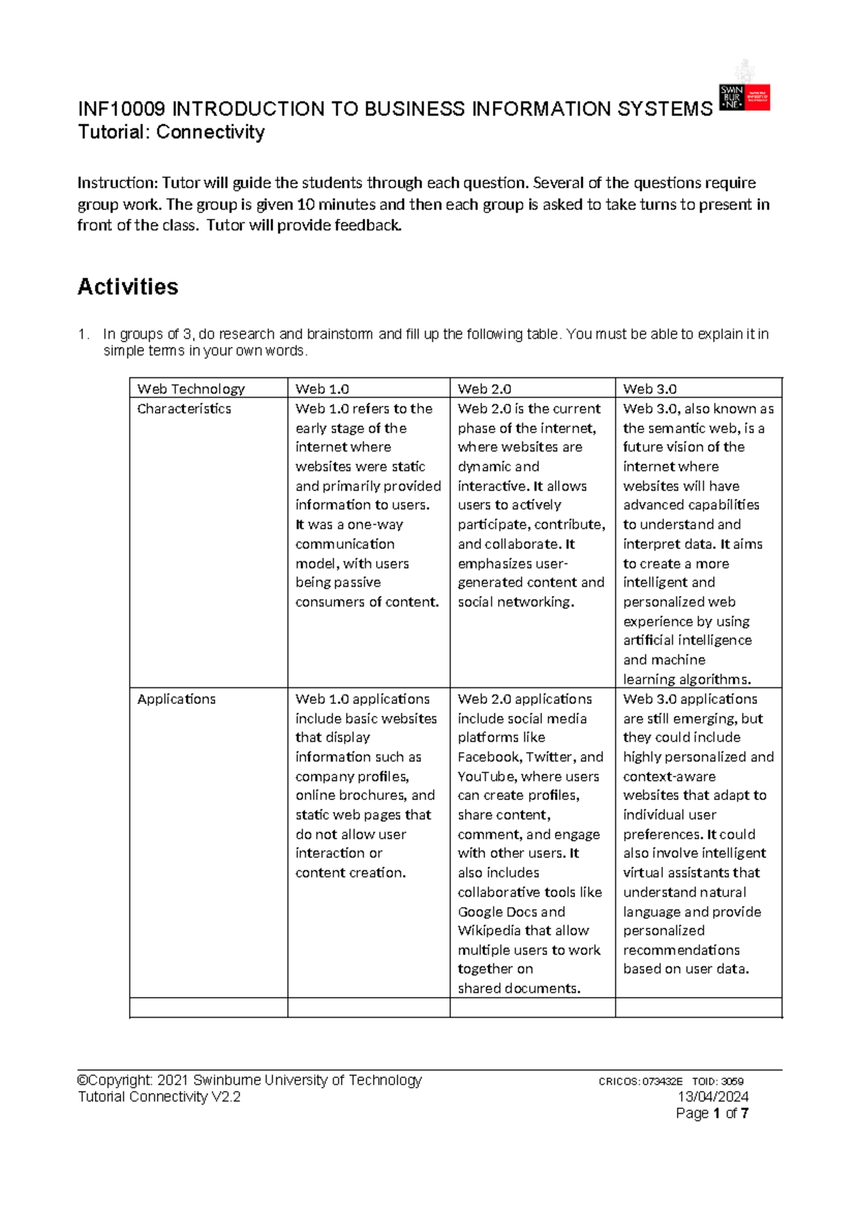 IBIS Tutorial Week-3 - gcgjcg - Tutorial: Connectivity Instruction: Tutor will guide the ...