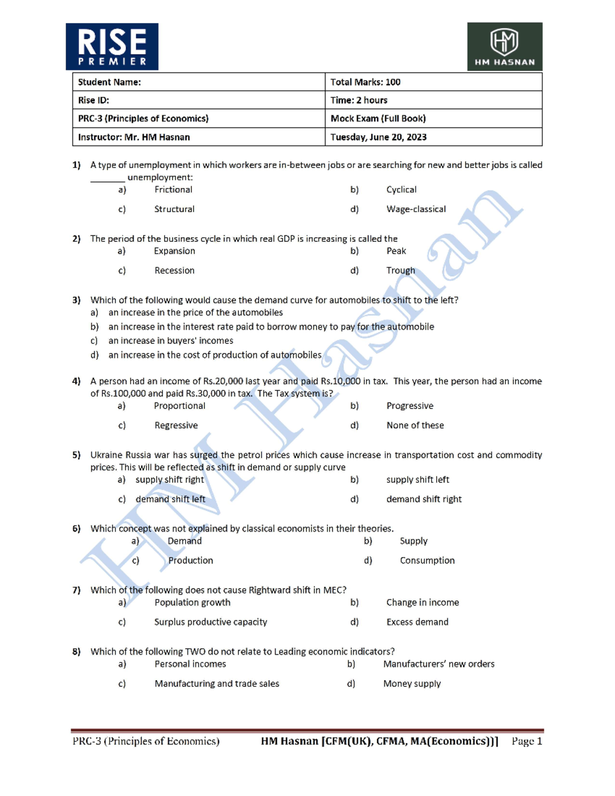ECO MOCK JUNE 23 HM Hasnan - Financial Accounting - ICMA Pakistan - Studocu