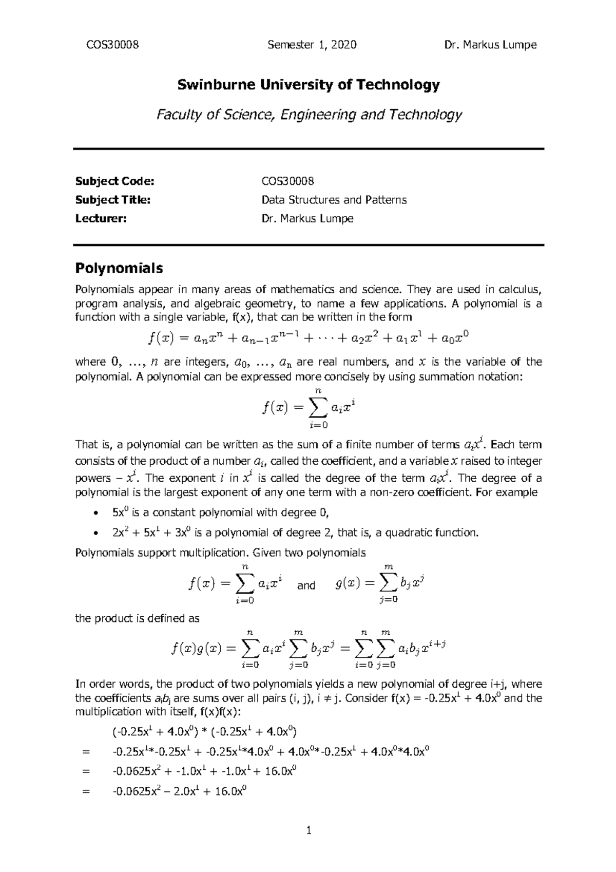 Polynomials - Math - 1 Swinburne University of Technology Faculty of ...