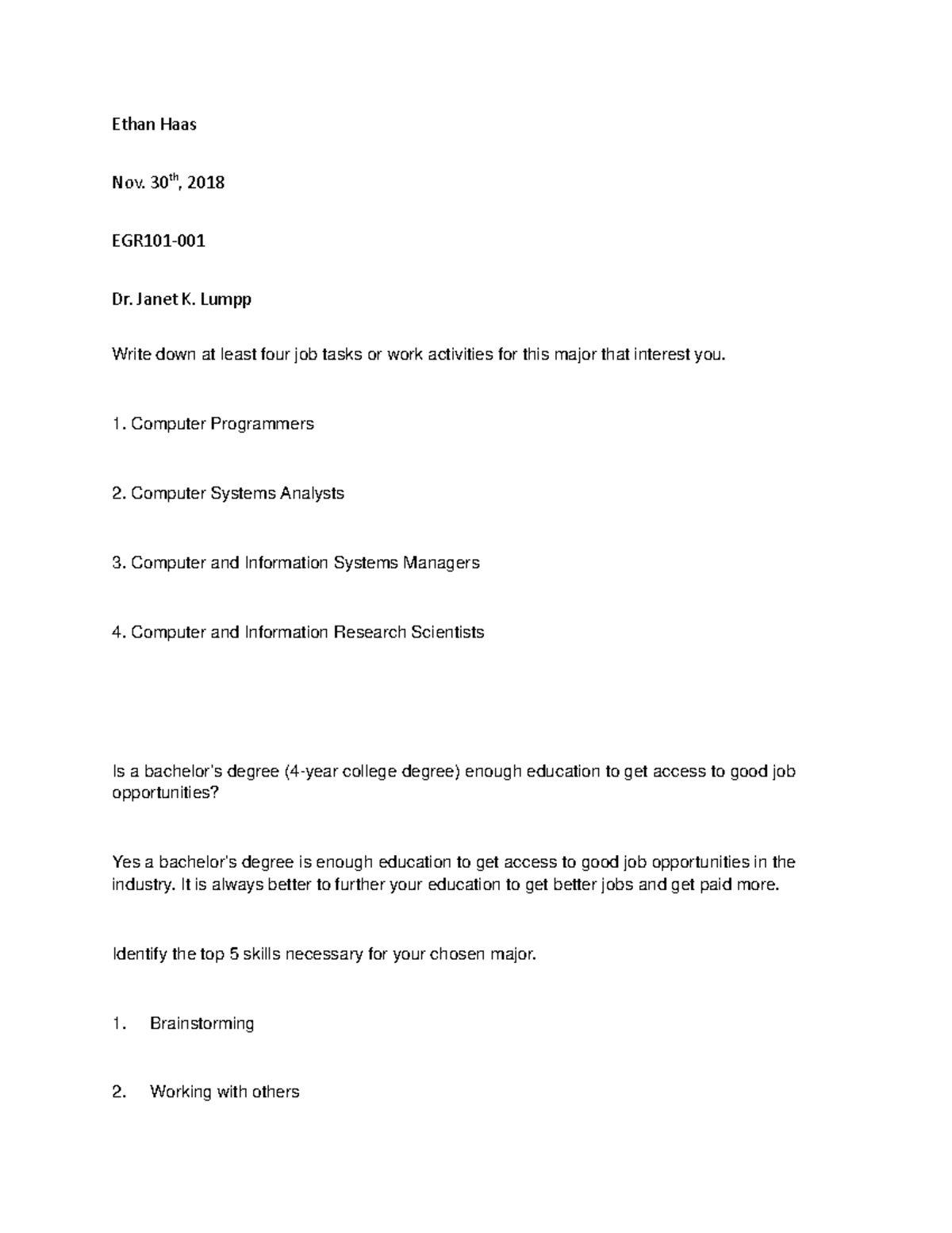 EGR 101 - Reflection - Ethan Haas Nov. 30th, 2018 EGR101- Dr. Janet K ...