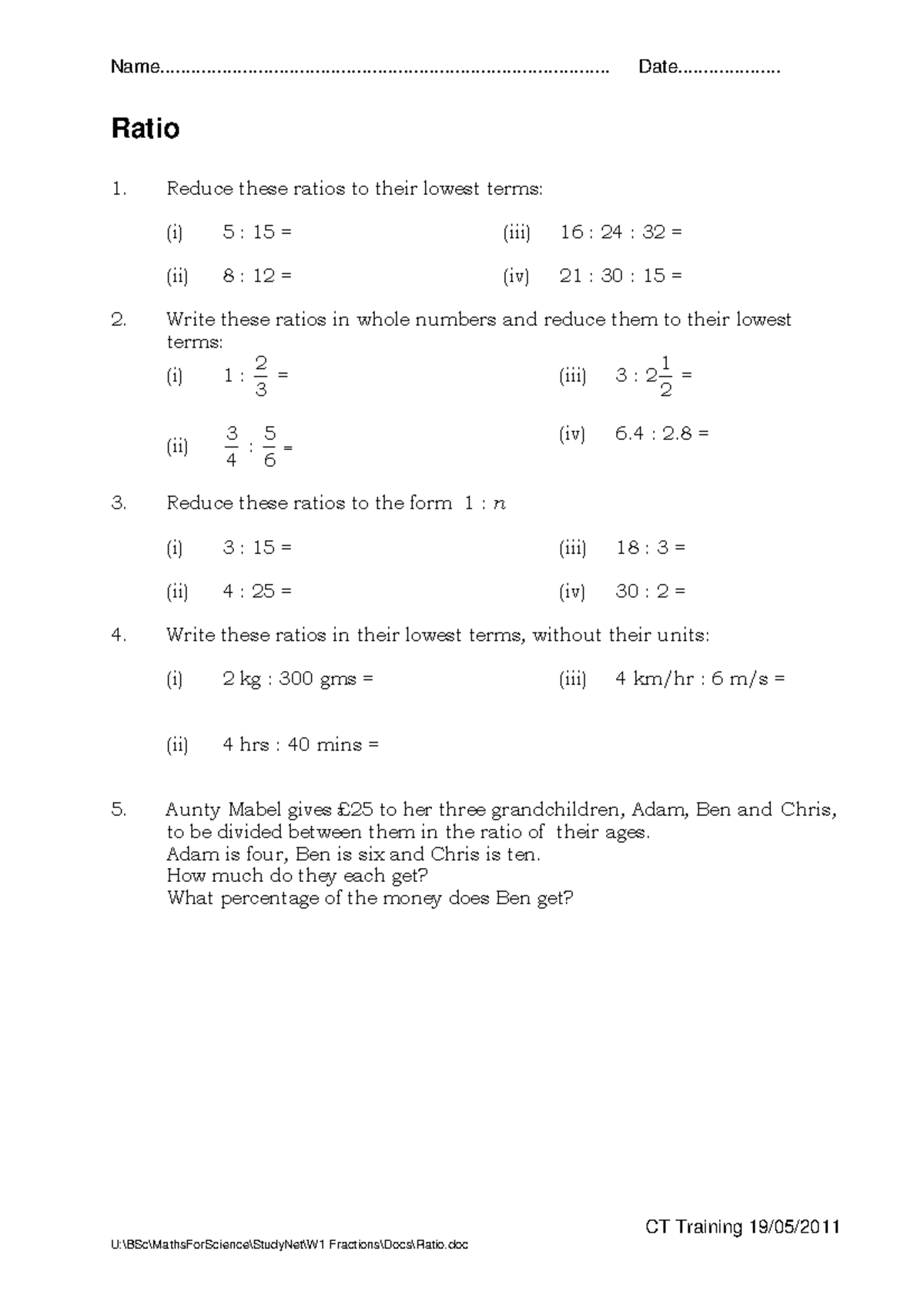 Ratio Practice Worksheet 1 Week One - - Studocu