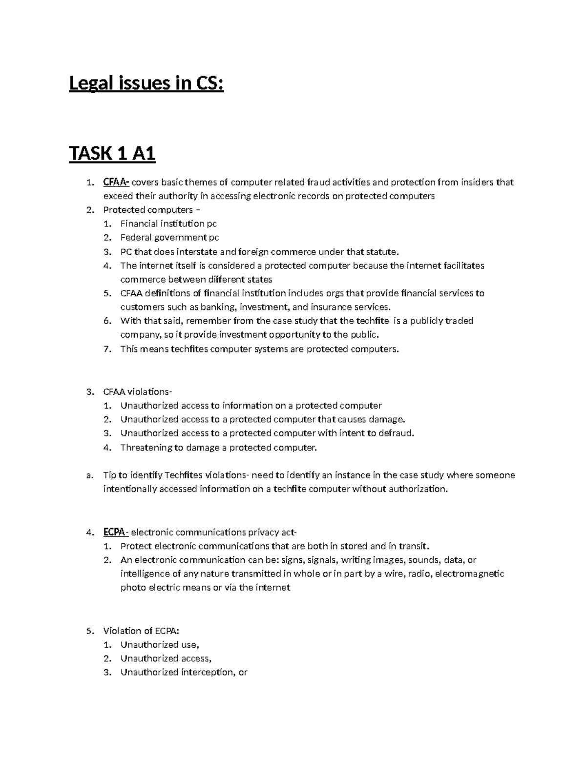 Legal issues in CS notes - Legal issues in CS: TASK 1 A CFAA- covers ...