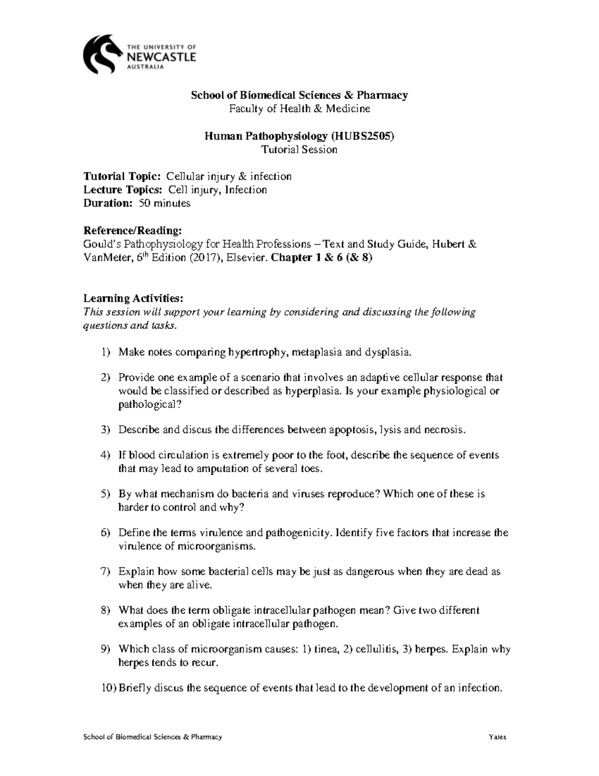 Tutorial worksheet Cellular injury & infection - School of Biomedical ...