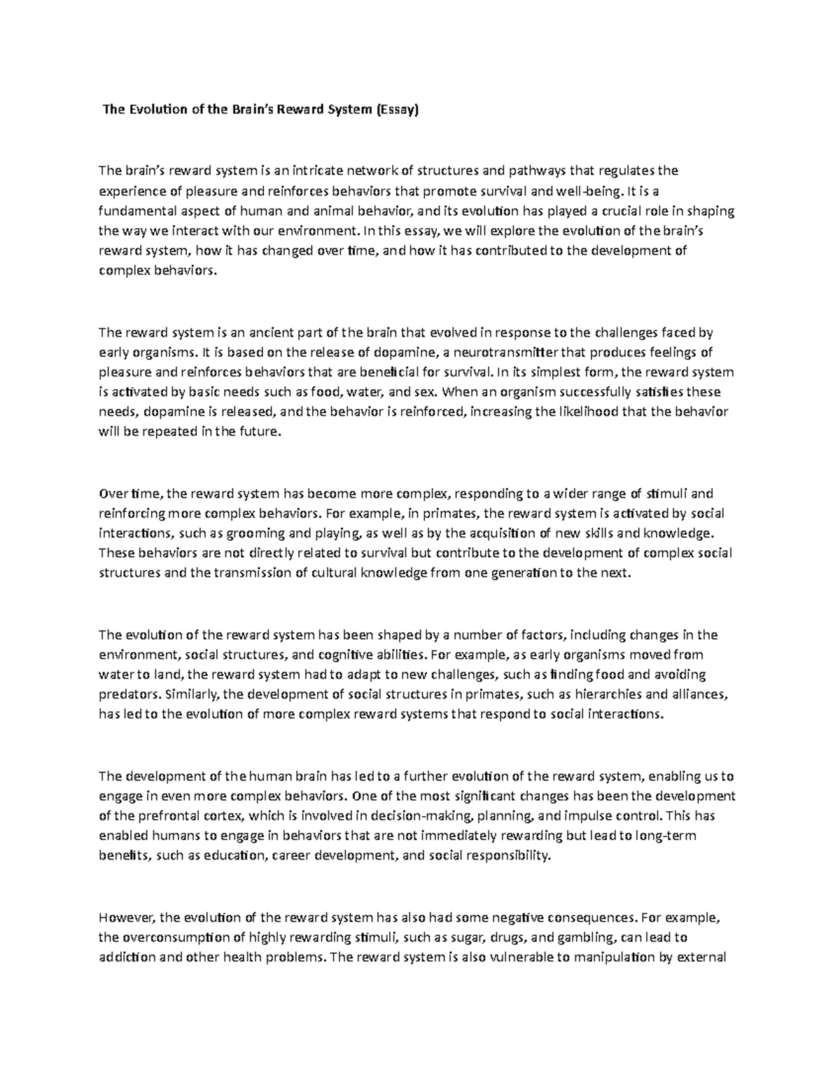 The Evolution of the Brain’s Reward System (Essay) - The Evolution of ...