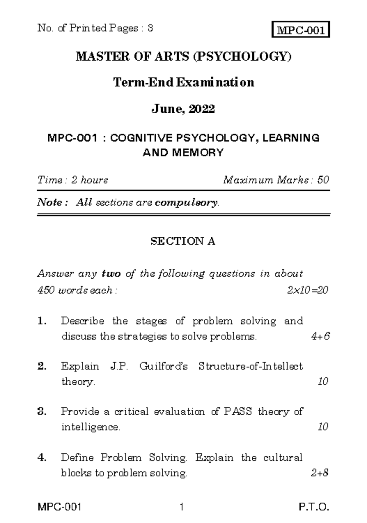 MPC-001 June 2022 Exam paper - MPC-001 1 P.T. MPC- MASTER OF ARTS (PSYCHOLOGY) Term-End ...