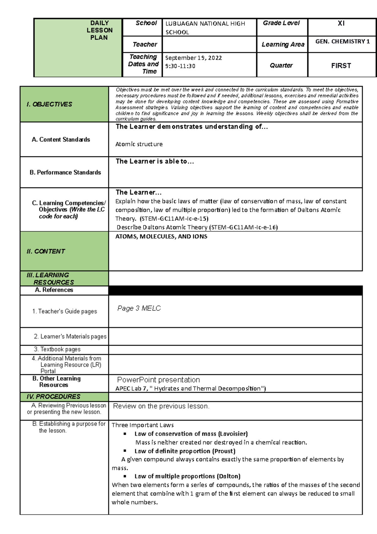 Chem - DLL in chemistry 1 atomic structure - DAILY LESSON PLAN School ...
