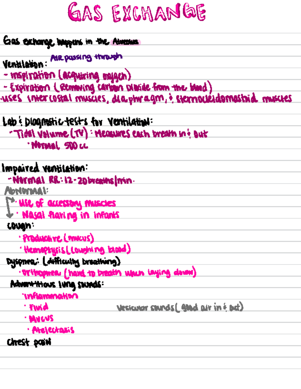 Gas Exchange Notes - ***- Gas exchange happens in the Alveolus Air ...