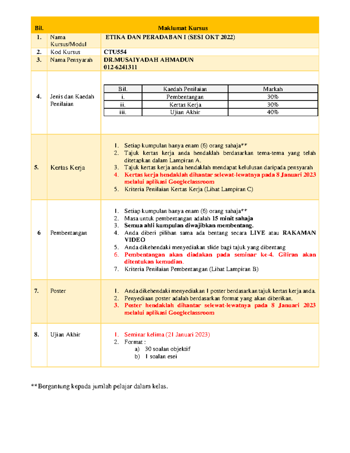 Student - Tugasan EPJJ - **Bergantung kepada jumlah pelajar dalam kelas. Bil. Maklumat Kursus 1 ...