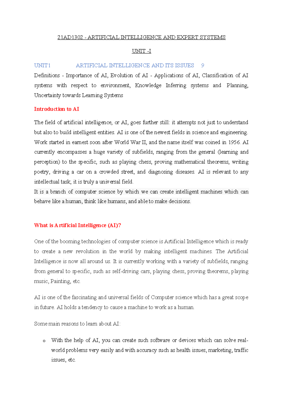 UNIT I - Introduction to AI - 21AD1302 - ARTIFICIAL INTELLIGENCE AND ...