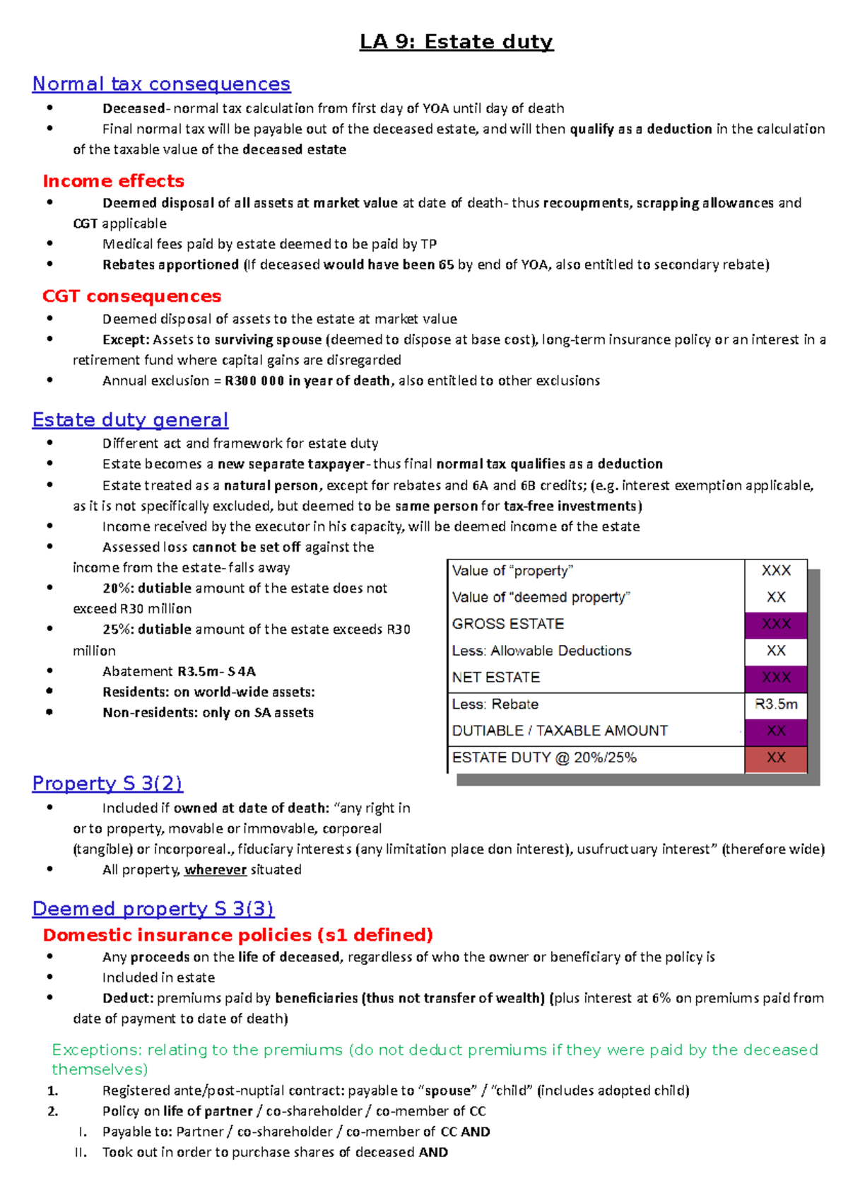 Estate duty - June exam - LA 9: Estate duty Normal tax consequences ...