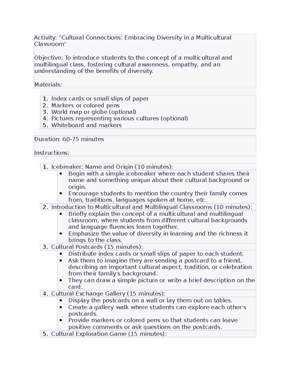 Multi-cultural and Multi-lingual - Activity - Activity: "Cultural ...