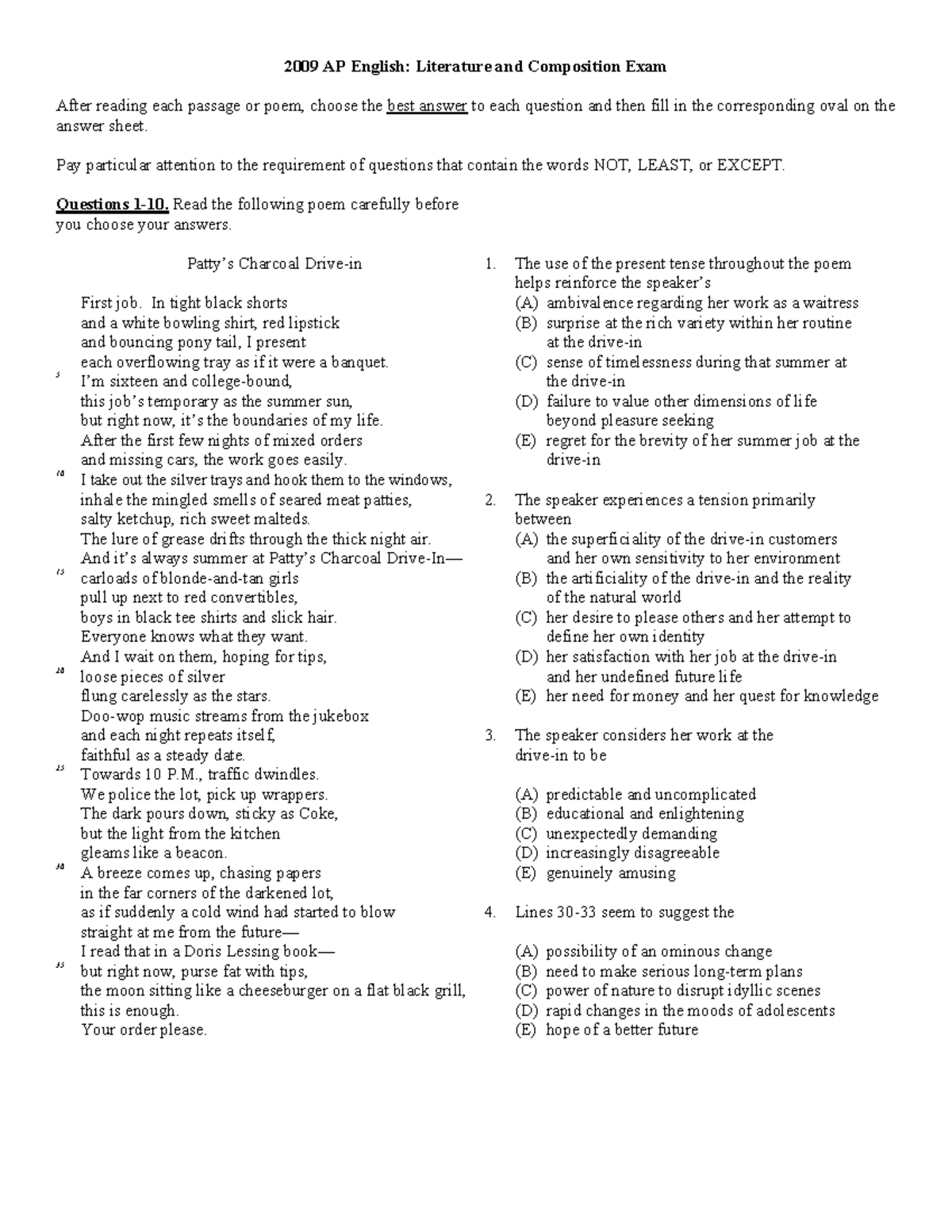 2009 Practice Test - 2009 AP English: Literature and Composition Exam ...