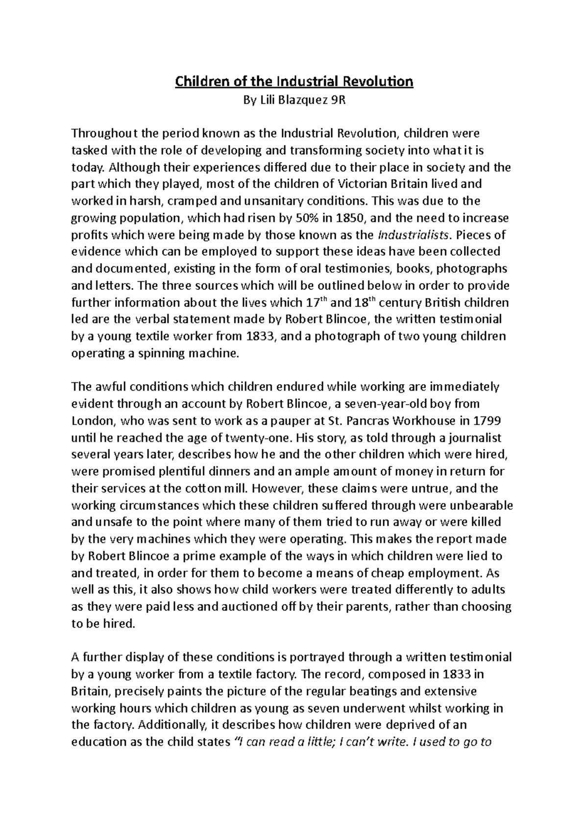 Children of the Industrial revolution - Although their experiences ...