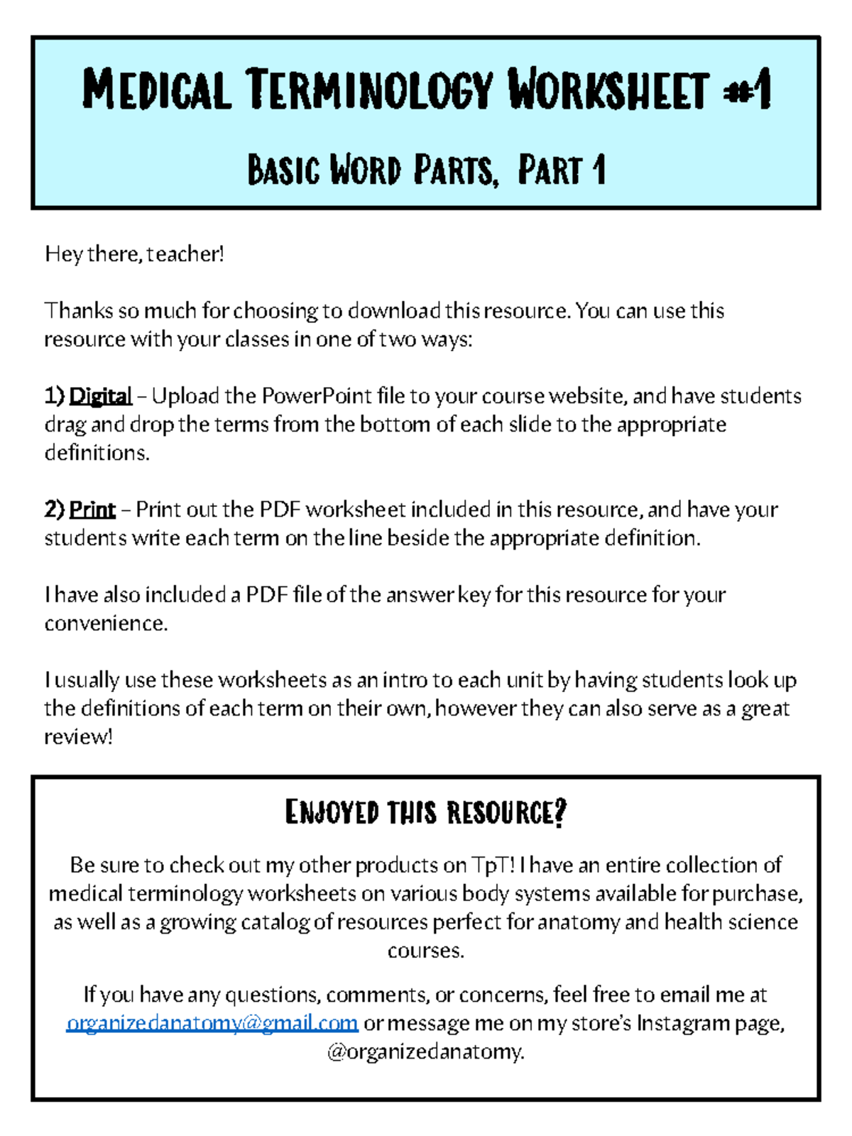 Intro and Terms of Use - med term - Medical Terminology Worksheet Basic ...