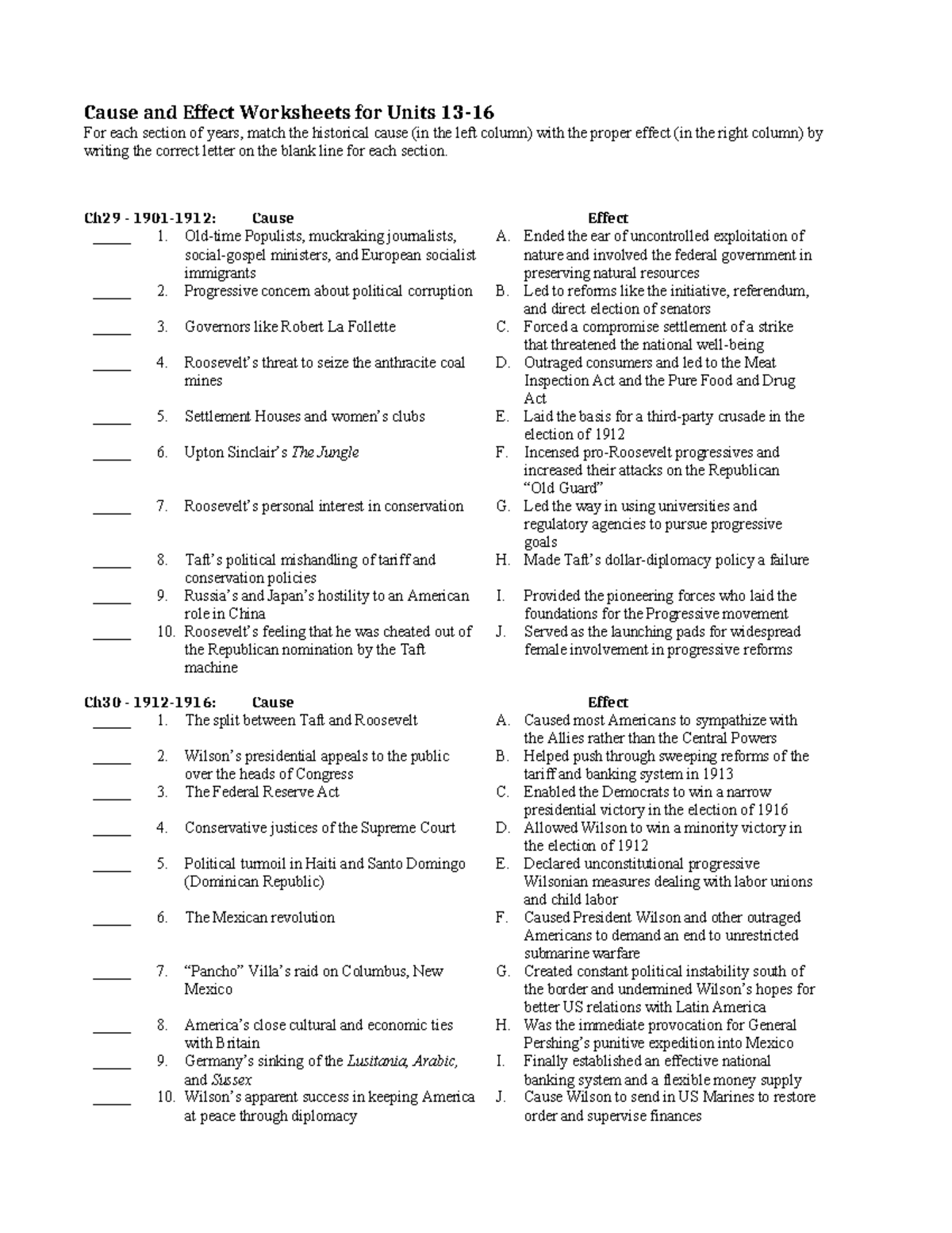 Chs 29-36 Cause and Effect - Cause and Effect Worksheets for Units 13 ...