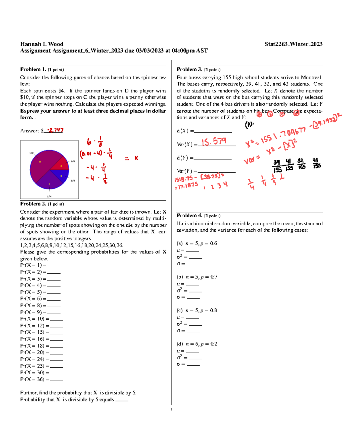 Stats Assignment 6 - Hannah I. Wood Stat2263 Winter 2023 Assignment Assignment 6 Winter 2023 due ...