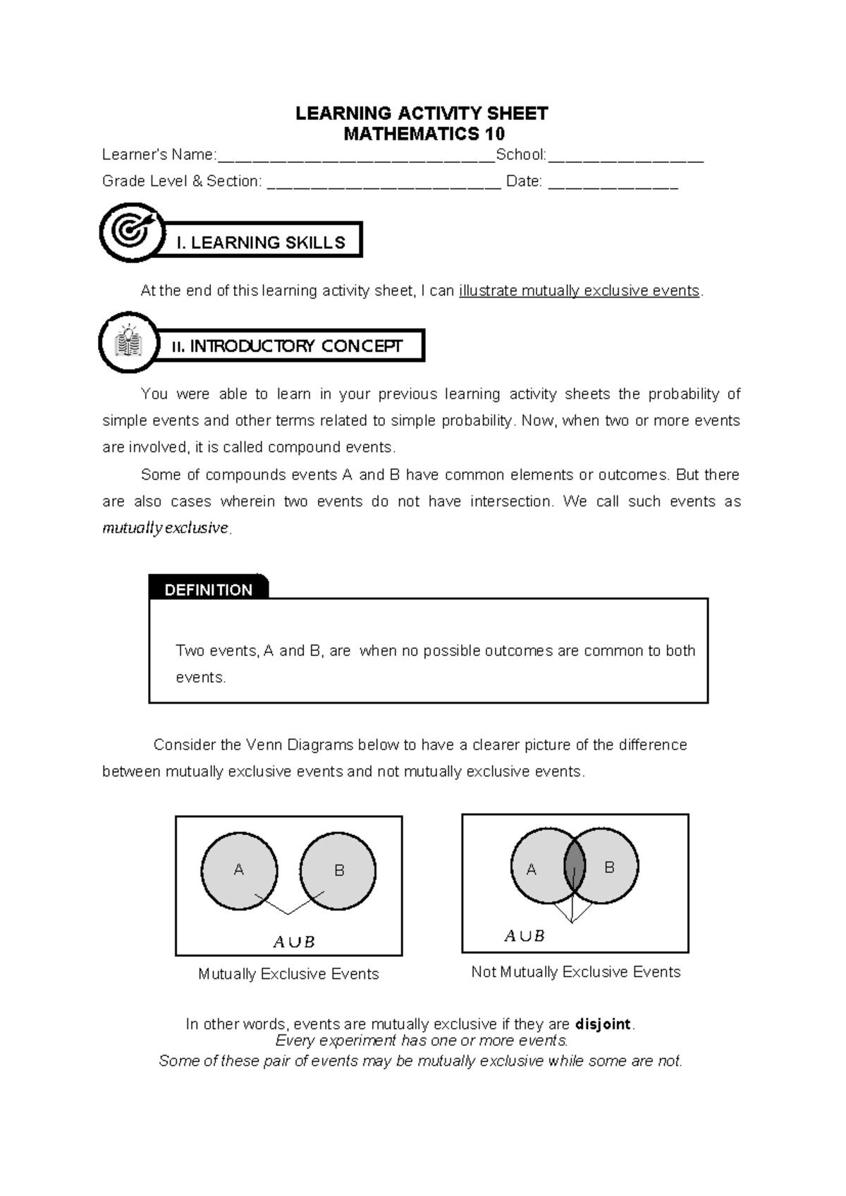 MATH10 Q4 3mutually exclusive events - II. INTRODUCTORY CONCEPT ...
