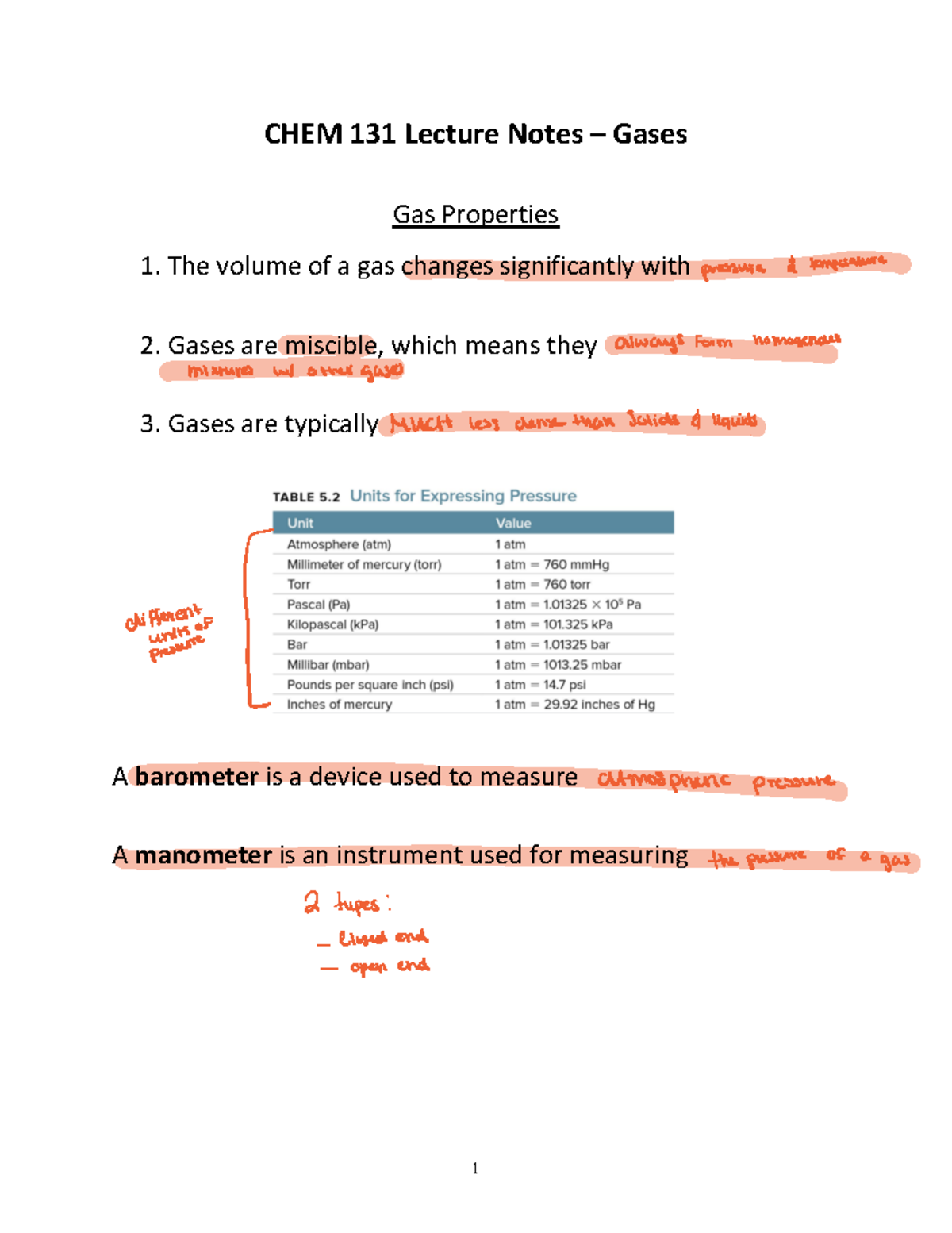 Gases Guided Notes - CHEM 131 Lecture Notes – Gases Gas Properties The ...
