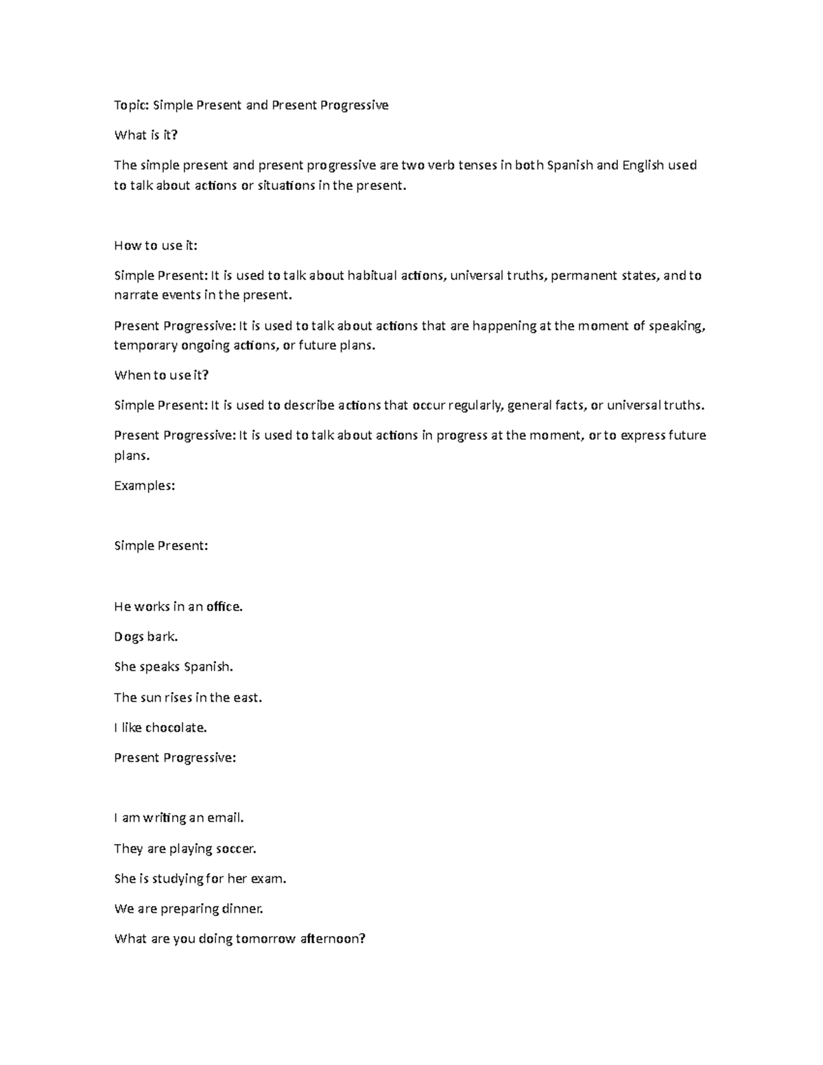 Actividad de comprensión - Topic: Simple Present and Present ...