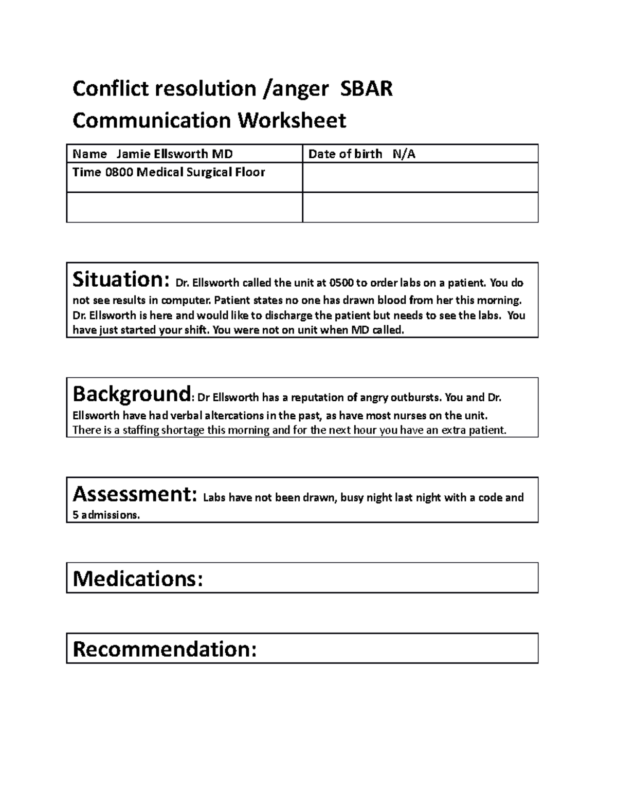 SBAR Communication Worksheet-3 - Conflict resolution /anger SBAR ...