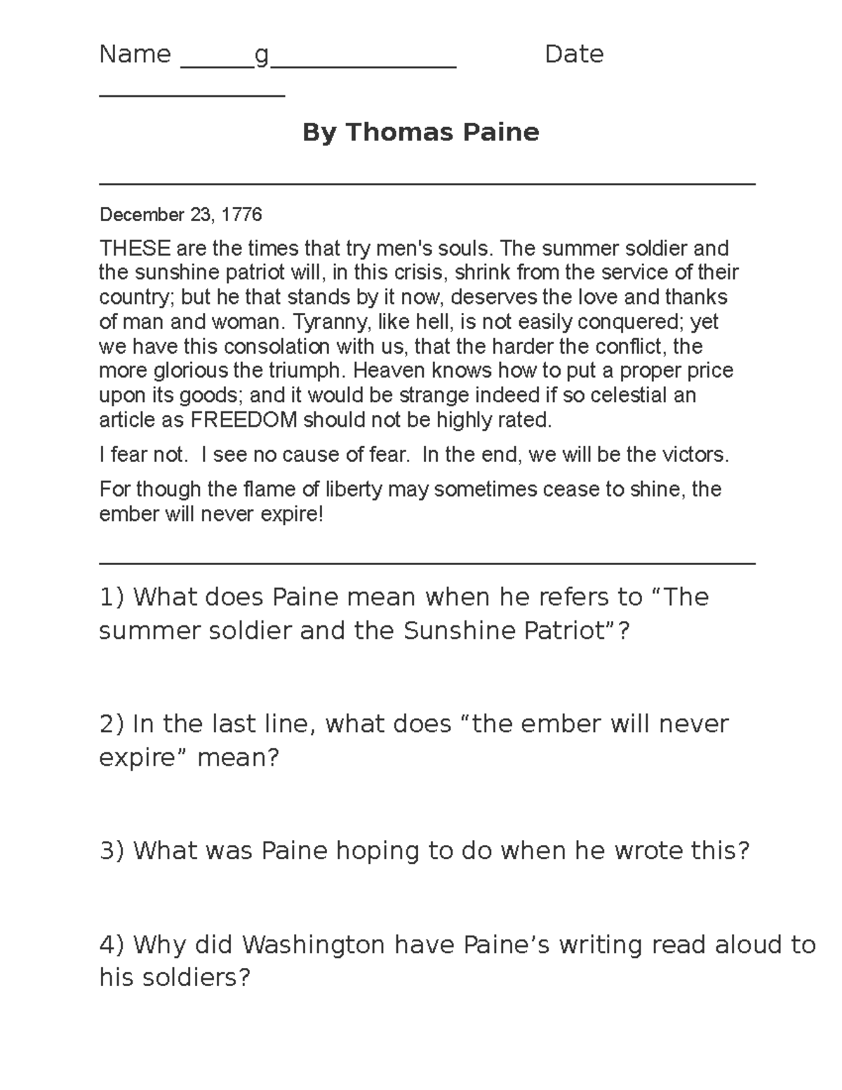 By Thomas Paineqs 2 - School - Name g_________ Date By Thomas Paine ...