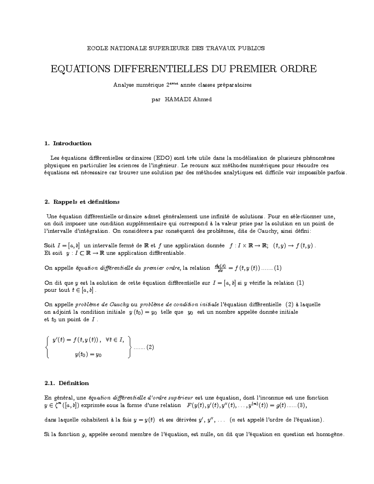 5 Cours Equations Differentielles DU Premier Ordre - ECOLE NATIONALE SUPERIEURE DES TRAVAUX ...