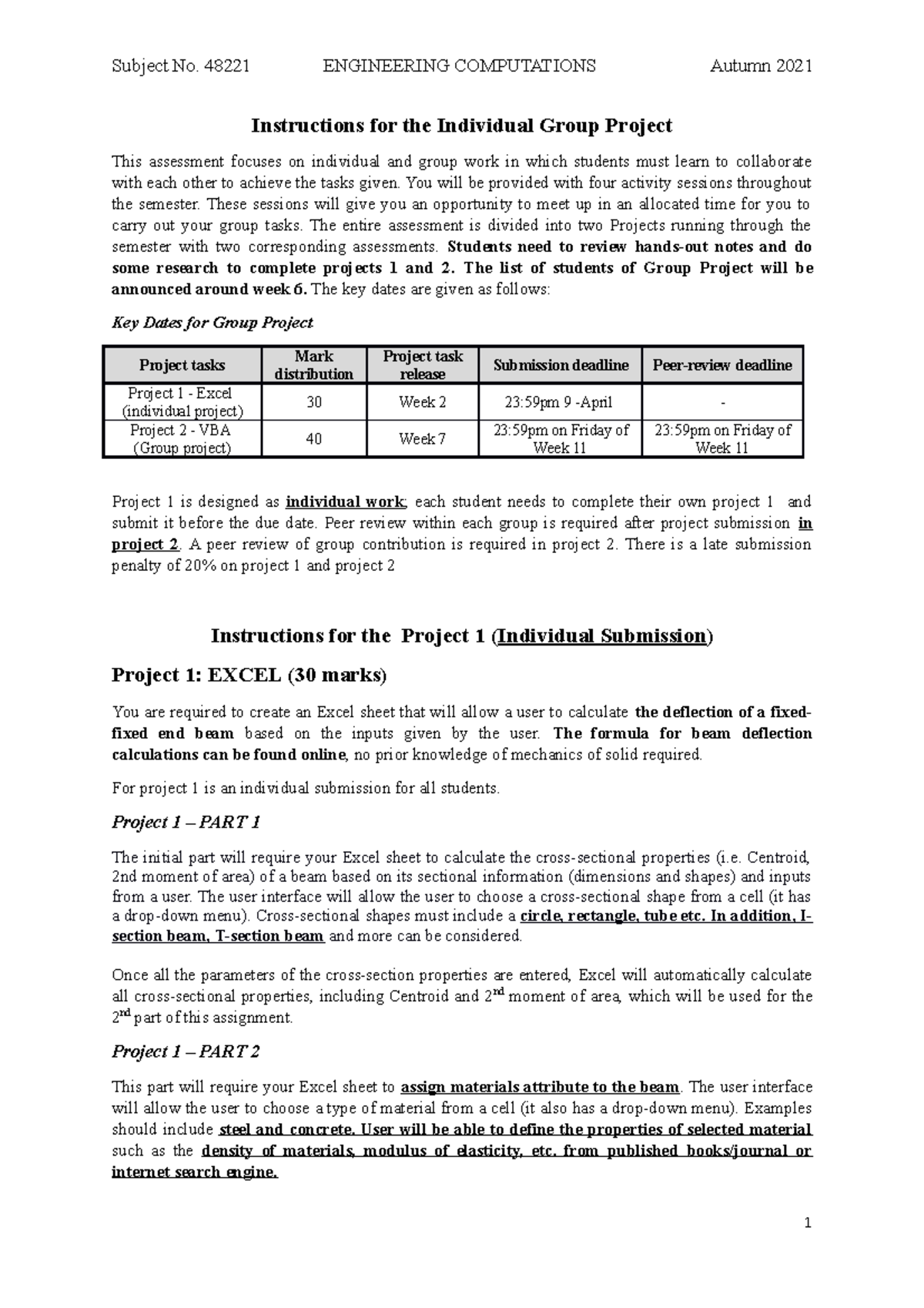 Engineering Computation Project 1 Practice Material - Subject No. 48221 ENGINEERING COMPUTATIONS ...
