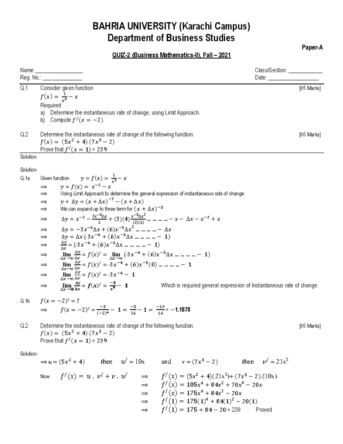 Solution Key of Quiz 2 Numeracy Skills Business Mathematics II Fall ...