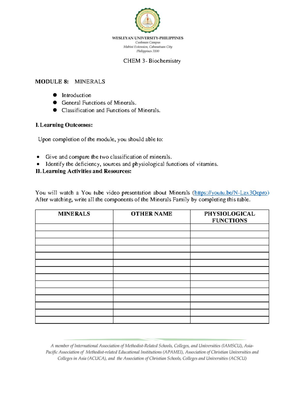 Module 7 CHEM 3 Biochem Minerals - CHEM 3- Biochemistry MODULE 8 ...