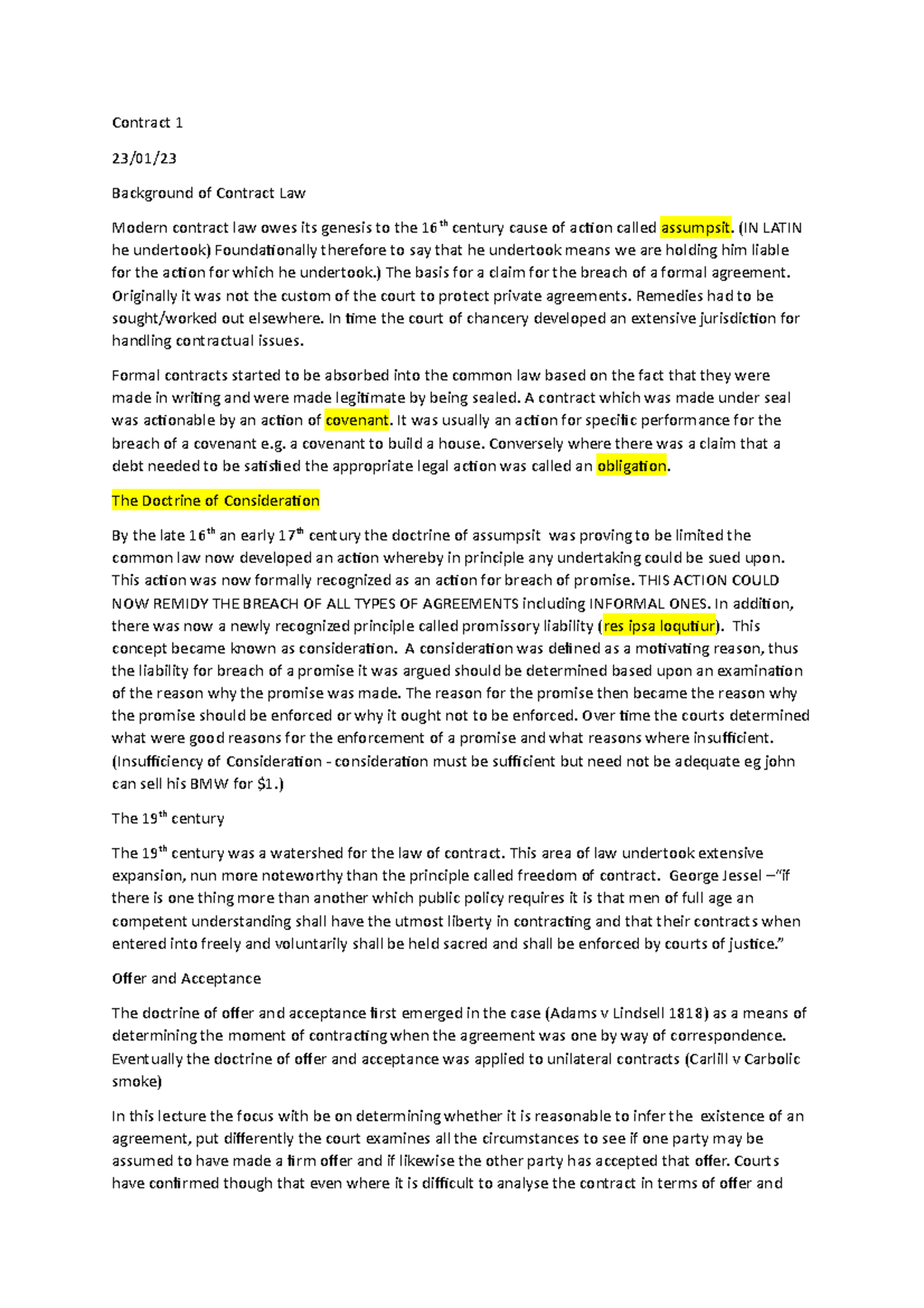 Contract 1 - Contract 1 23/01/ Background of Contract Law Modern ...
