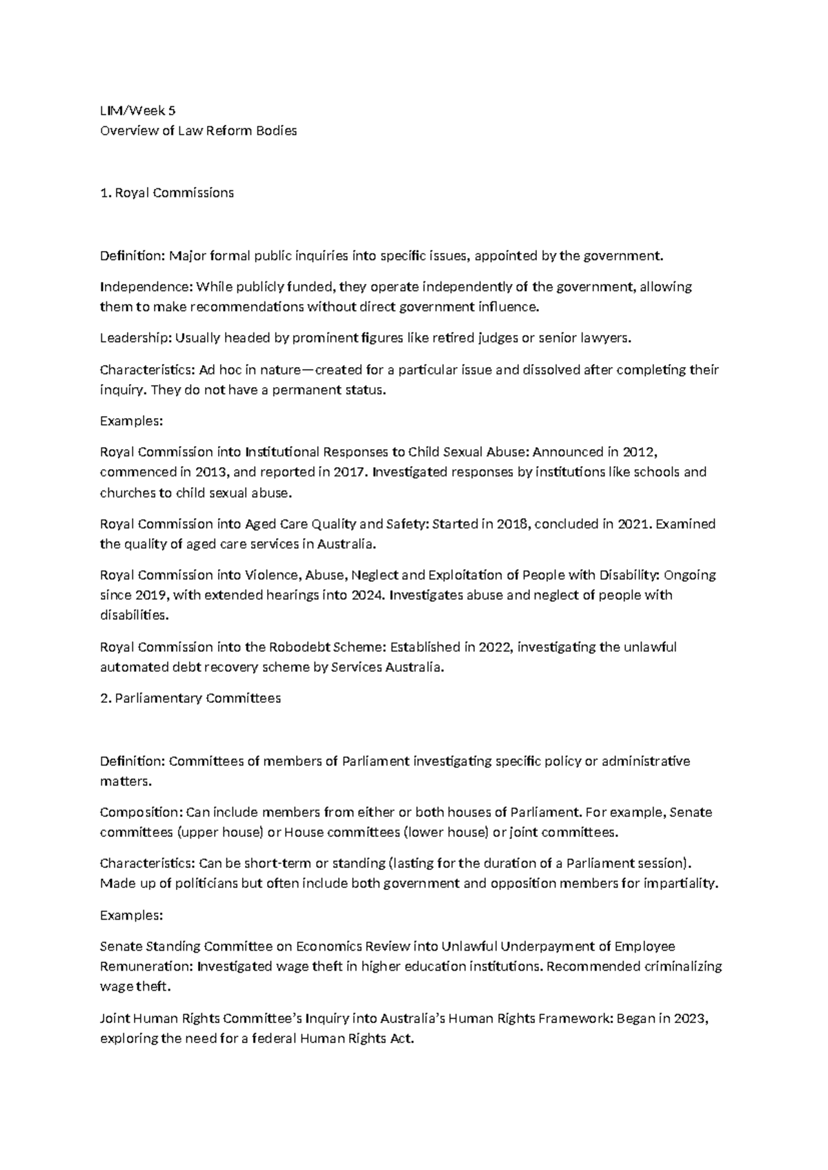 LIM week 5 - LIM WEEK 5 NOTES - LIM/Week 5 Overview of Law Reform ...