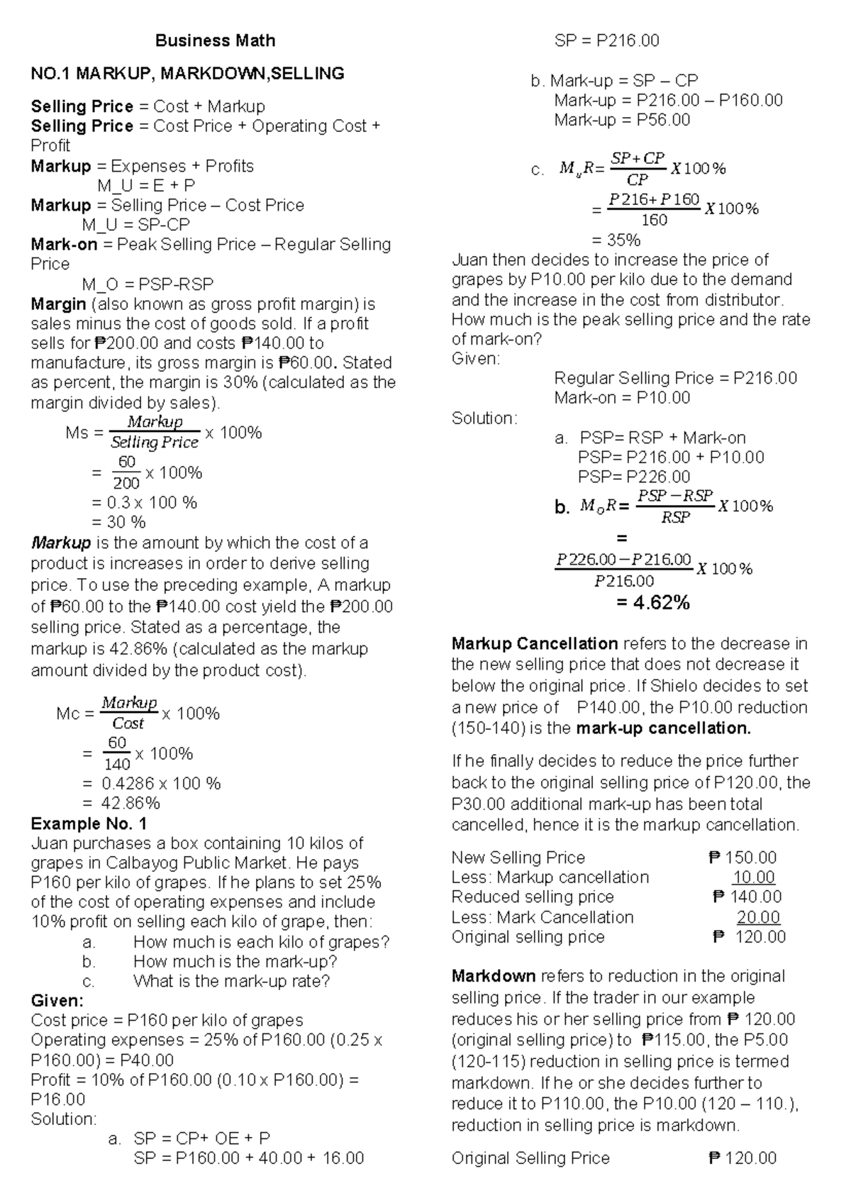 Reviewer Business-Math - Business Math NO MARKUP, MARKDOWN,SELLING ...