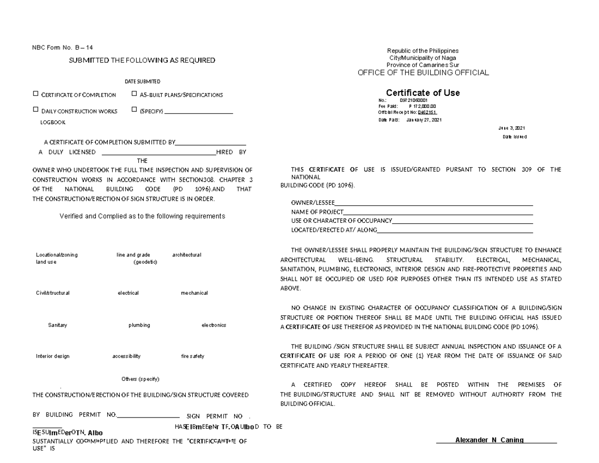 Certificate-OF-USE - NBC Form No. B – 14 SUBMITTED THE FOLLOWING AS ...