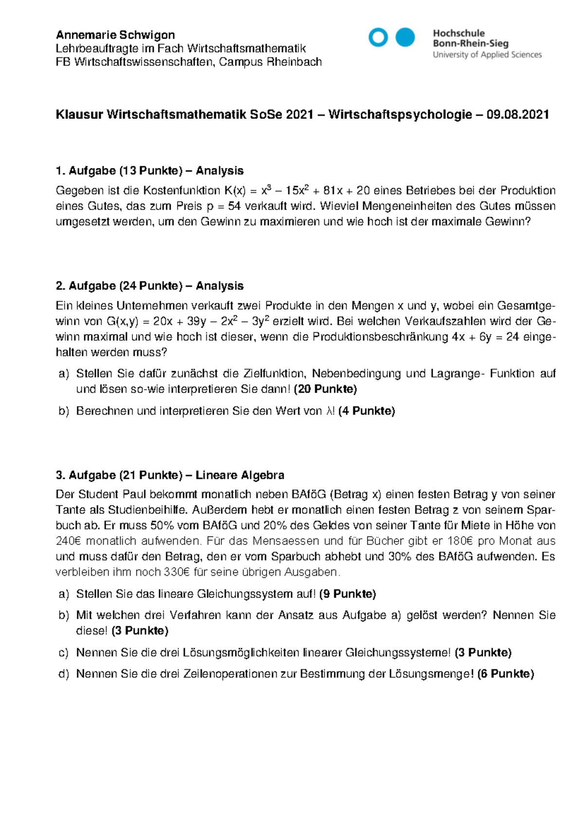 Wi Psy-Klausur-Wirtschaftsmathematik So Se2021 - Annemarie Schwigon Lehrbeauftragte im Fach ...