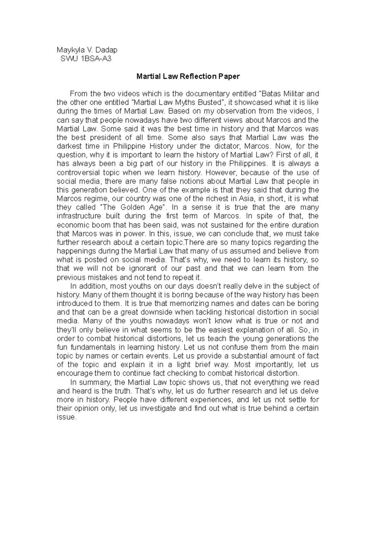 Inbound 1298731812675601330 - Maykyla V. Dadap SWU 1BSA-A Martial Law ...