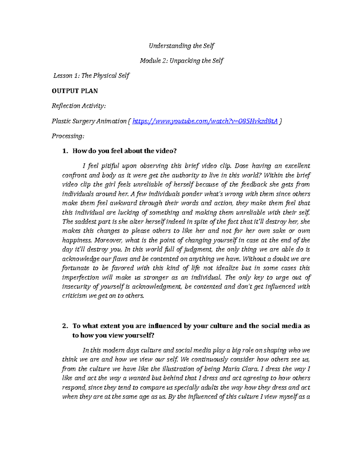 M2 L1 - plastic surgery-reflection - Understanding the Self Module 2 ...