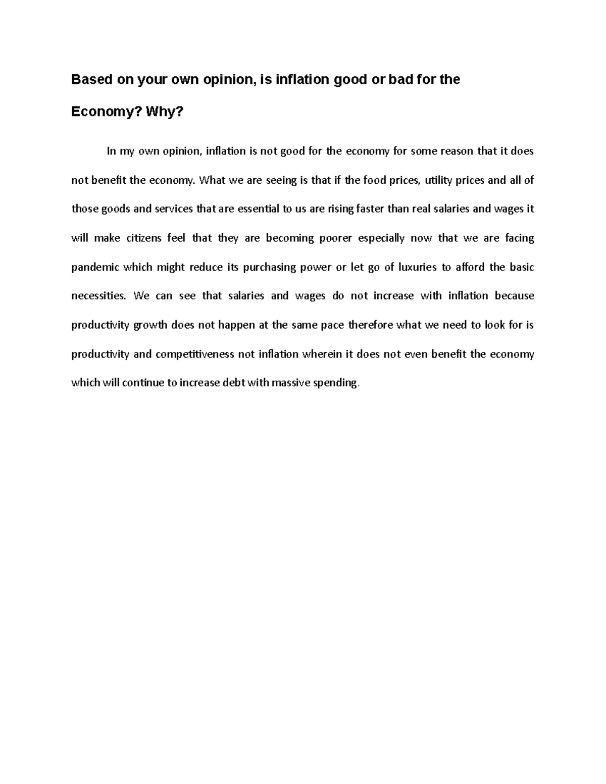 Inflation - activity - Based on your own opinion, is inflation good or ...